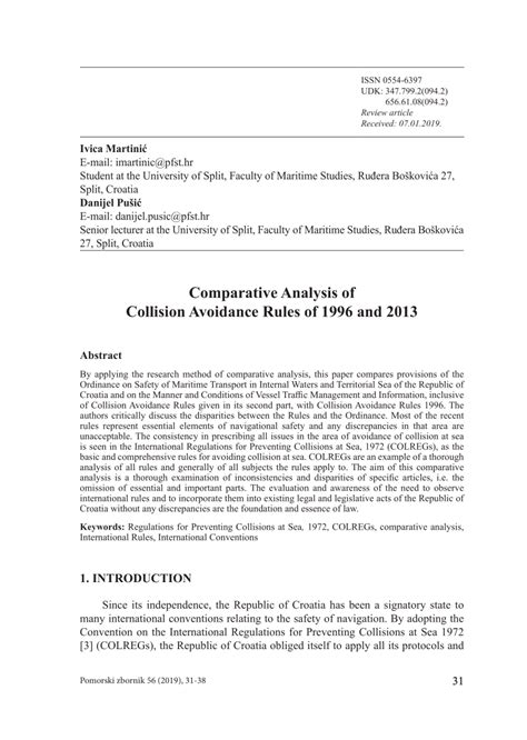 Pdf Comparative Analysis Of Collision Avoidance Rules Of 1996 And 2013