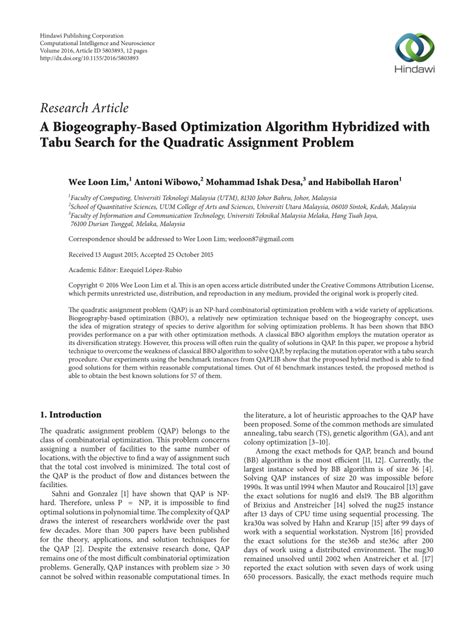 pdf a biogeography based optimization algorithm hybridized with tabu search for the quadratic