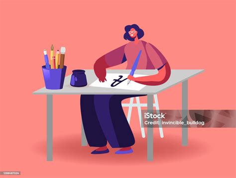 여자는 맞춤법 글자와 서예 개념에서 펜 연습테이블에 앉아 여성 캐릭터 쓰기 편지 개념에 대한 스톡 벡터 아트 및 기타 이미지 개념 교사 교육 관련 직업 교육 Istock