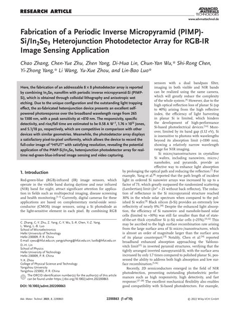 Fabrication Of A Periodic Inverse Micropyramid Pimp ‐si In2se3 Heterojunction Photodetector