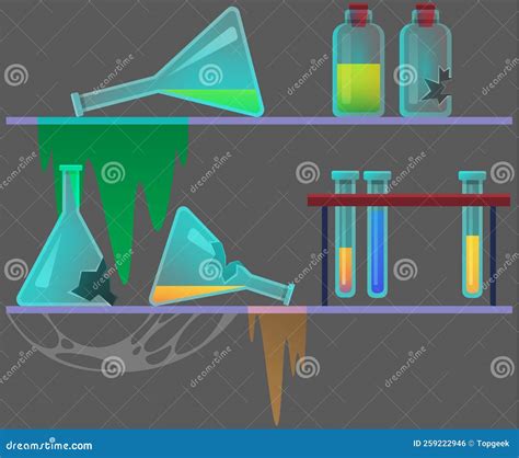 Broken Laboratory Beaker Sign Test Tube On Dark Background On Shelves