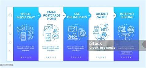 인터넷 통신 온보딩 벡터 템플릿 온라인 채팅 및 작업 인터넷 서핑 아이콘이 있는 반응형 모바일 웹사이트 웹 페이지 연습 단계