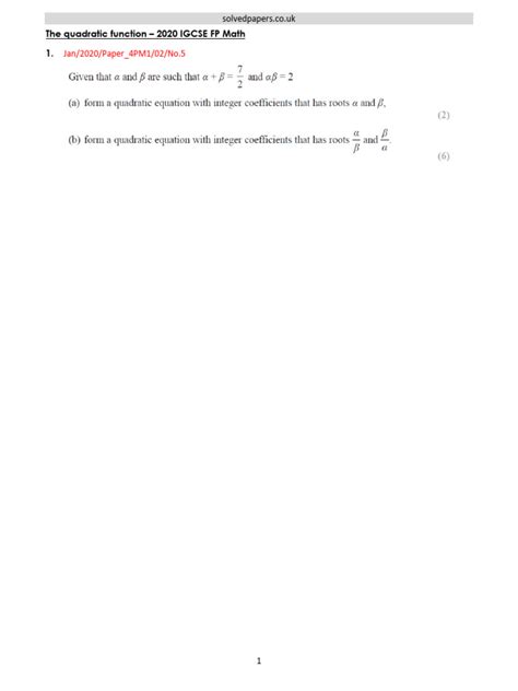2020 The Quadratic Function Igcse Fp Math Pdf
