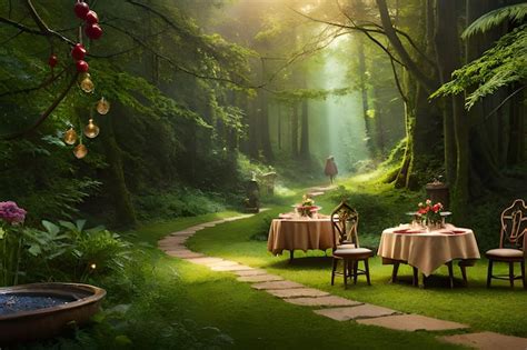 Premium Photo A Forest Scene With A Table For Two And A Woman In A Red Dress Standing In The