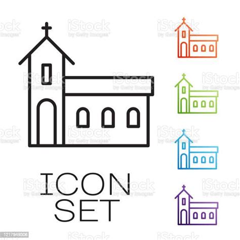 흰색 배경에 고립 된 검은 선 교회 건물 아이콘입니다 기독교 교회 교회의 종교 다채로운 아이콘을 설정합니다 벡터 일러스트레이션 0명에 대한 스톡 벡터 아트 및 기타 이미지