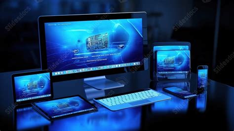 multiple devices showcasing responsive website on blue desktop in 3d