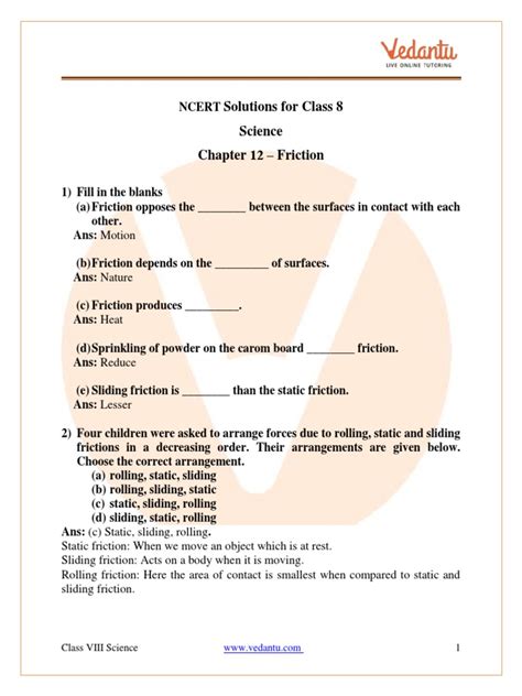 Cbse Class 8 Ncert Solutions For Science Chapter 12 Friction Pdf