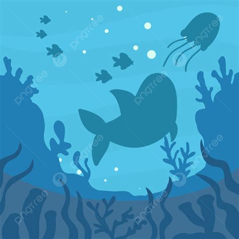 산호초 수중 바다 장면의 배경에 물고기와 조류의 실루엣 깊고 푸른 물 산호초와 수중 식물 아름다운 수중 장면 수중 물 디자인 물 벡터에서 배경 일러스트 및 사진 무료