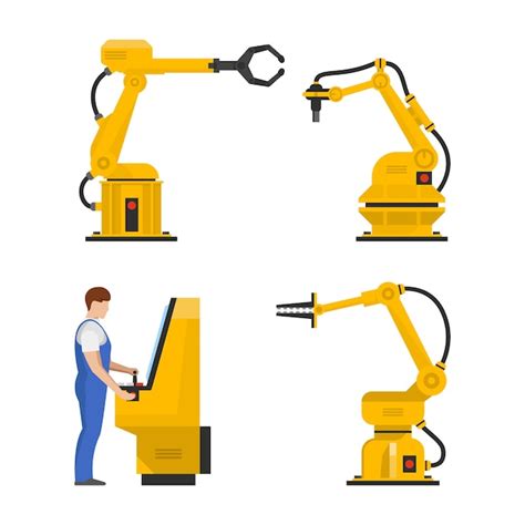 Set Van Geautomatiseerde Assemblage Robots En Exploitant Van Cnc Premium Vector