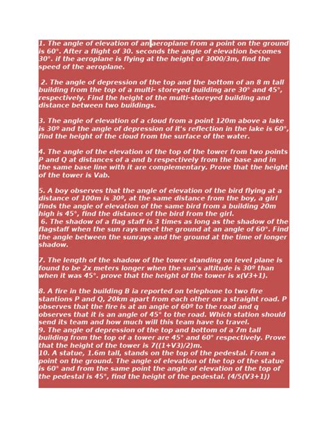 Class 10 Some Applications Of Trignometry Pdf Height