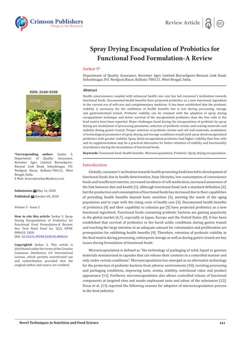 Pdf Spray Drying Encapsulation Of Probiotics For Functional Food Formulation A Review Crimson
