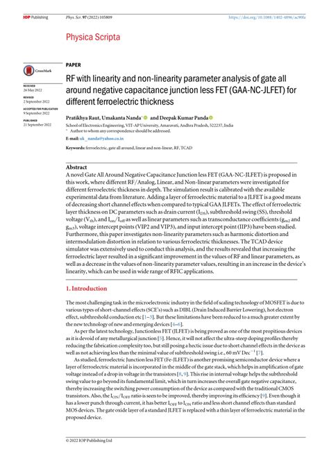 Rf With Linearity And Non Linearity Parameter Analysis Of Gate All Around Negative Capacitance