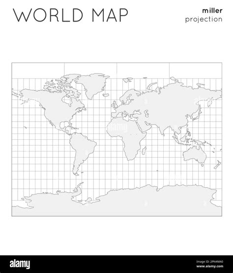 World Map Globe In Miller Projection With Graticule Lines Style Outline Vector Illustration