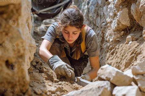 Young Female Archaeologist Excavating Ancient Site Generate Ai