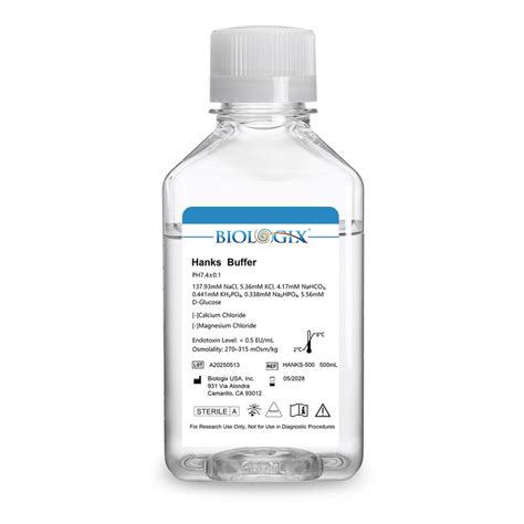 Biologix® Hanks Buffer 1× Without Ca2 Andmg2 Ph7 1 7 5 Sterile 500ml Bottle 10 Bottles Case