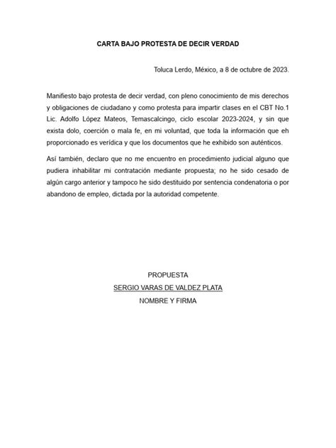 Carta Bajo Protesta De Decir Verdad Pdf