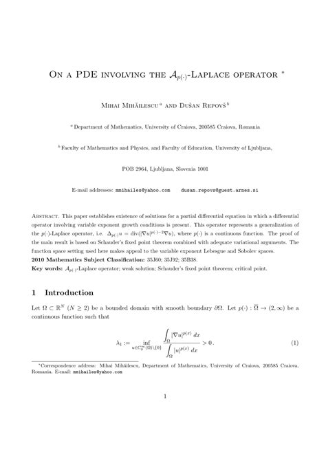 Pdf On A Pde Involving The Ap· Laplace Operator
