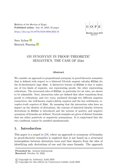 PDF On Synonymy In Proof Theoretic Semantics The Case Of Mathtt Int