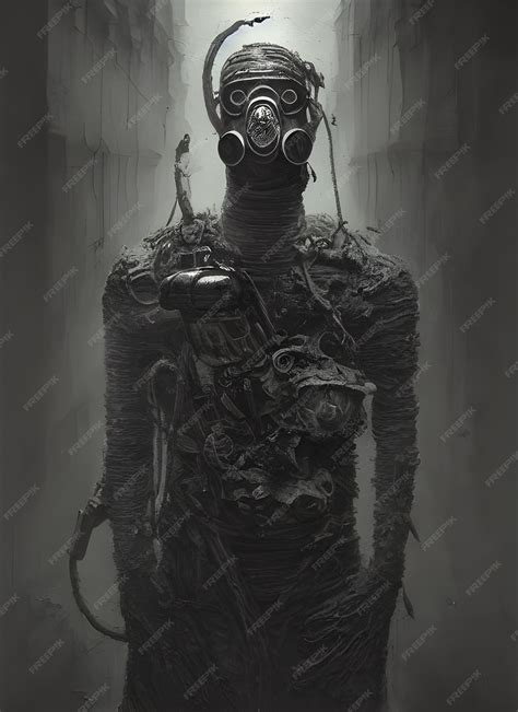 로봇 닌자 마스크 헬멧 미래의 사이버 펑크 게임 아트 게임 전리품 묵시적인 프리미엄 사진