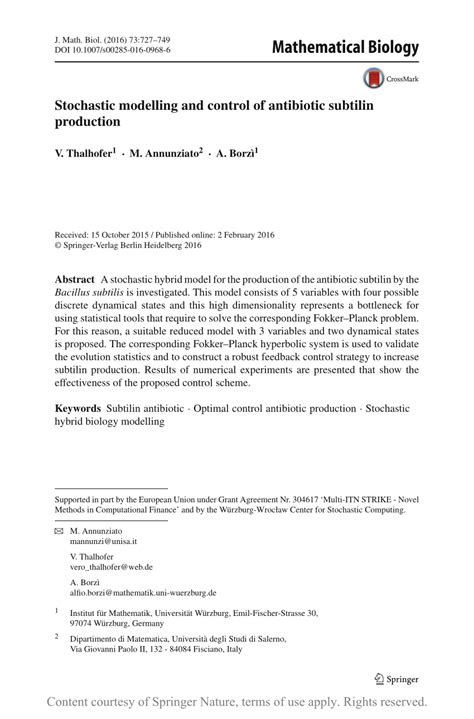 Stochastic Modelling And Control Of Antibiotic Subtilin Production Request Pdf