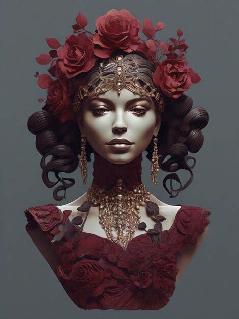 Premium Ai Image Bust Of Undead Woman In Ornamental Dress With Flowers In Hair Placed Against