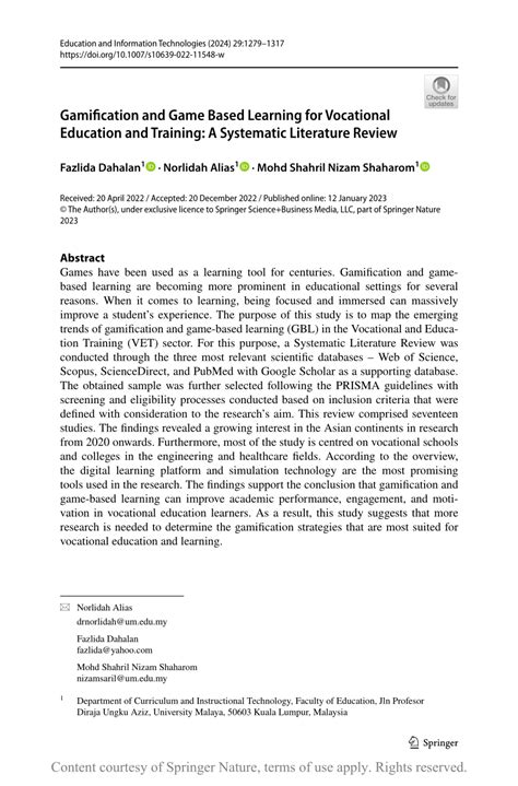 Gamification And Game Based Learning For Vocational Education And Training A Systematic