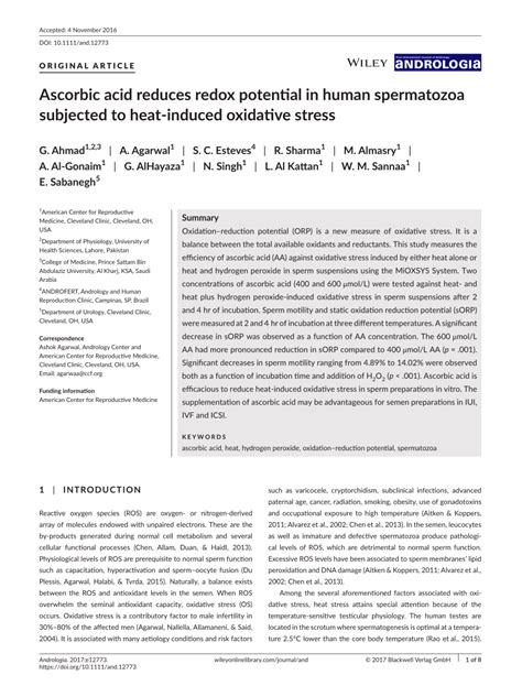 Pdf Ascorbic Acid Reduces Redox Potential In Human Spermatozoa Subjected To Heat Induced