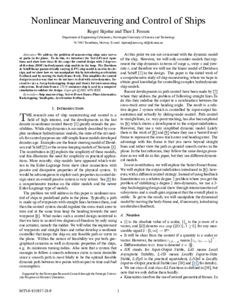 Pdf Nonlinear Maneuvering And Control Of Ships