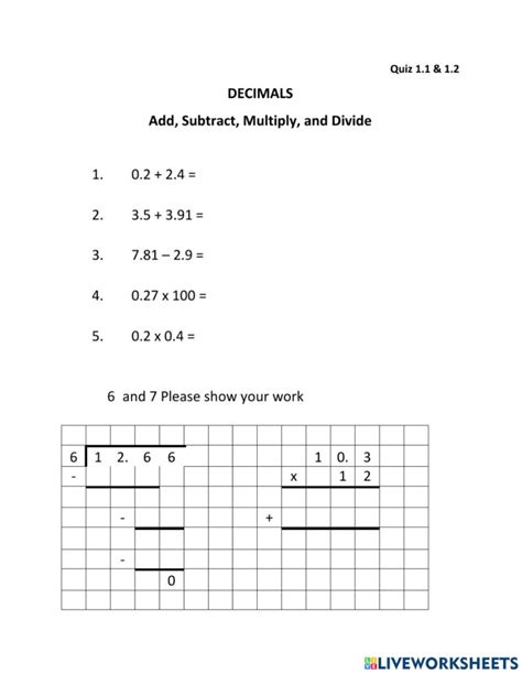 Ejercicio De Add Subtract Multiply Divide Decimals