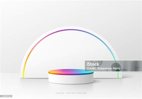 사실적인 흰색 다채로운 실린더 연단이 있는 3d 배경 반원 창 벽 장면의 프라이드 무지개 색상 최소한의 모형 빈 제품 디스플레이 추상 벡터 3d 렌더링 무대 쇼케이스 3차원