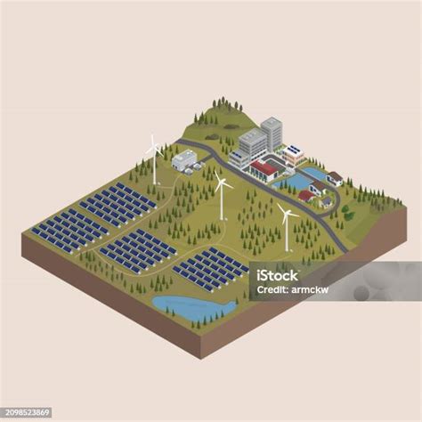 재생 가능 에너지 태양 전지 발전소 태양열 농장 및 풍력 터빈 등각 투영 그래픽이있는 풍력 발전 단지 경제에 대한 스톡 벡터