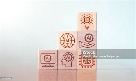 미래 세계 개념의 Ai 인공 지능 또는 기계 학습은 큐브 나무 블록을 짙은 검은색 칠판 배경에 아이콘 Ai와 결합합니다 0명에
