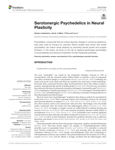 Pdf Serotonergic Psychedelics In Neural Plasticity