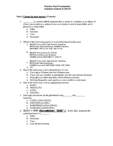 Final Exam Practice Final Examination Database Systems Ii Db Ii