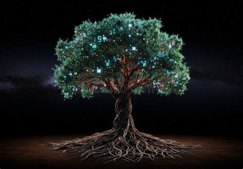 Glowing Digital Tree At Night With Pixelated Data Stock Illustration
