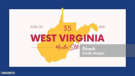 이름 별명 날짜를 가진 미국의 50 개 주 중 35 개 포스터 엽서 및 티셔츠인쇄를위한 상세한 벡터 웨스트 버지니아지도 벡터에 대한 스톡 벡터 아트 및 기타 이미지 Istock