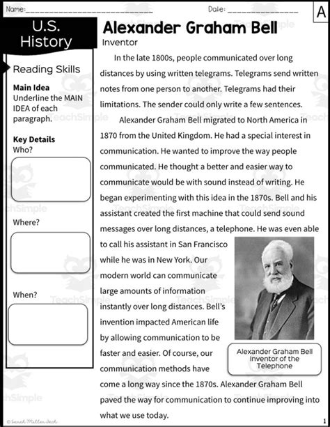 Alexander Graham Bell Reading Comprehension Worksheets Free Printable