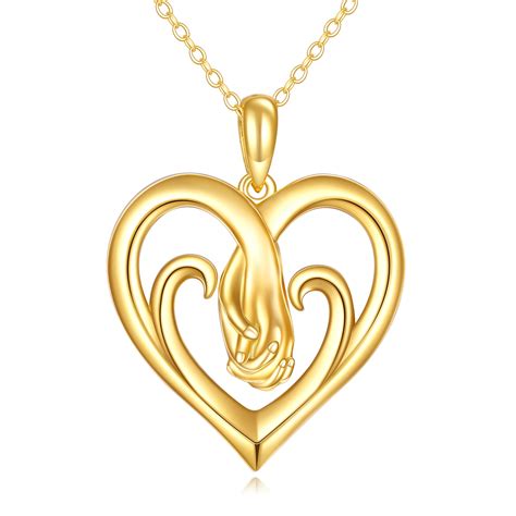 10k Gold Interlocking Hearts And Hold Hands Pendant Necklace For Mother