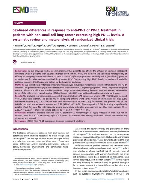 Pdf Sex Based Differences In Response To Anti Pd 1 Or Pd L1 Treatment