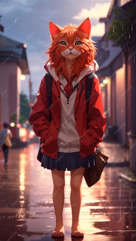 Premium Ai Image Red Cat Girl Anime Style On The Street