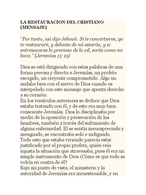 Restauración Espiritual Del Creyente Pdf Dios Eucaristía