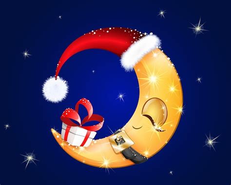 산타 모자와 벨트에 만화 귀여운 빛나는 겨울 달 별이 빛나는 밤 배경에 크리스마스 선물 상자 프리미엄 벡터