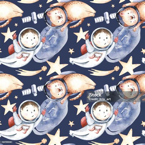 우주 비행사 원활한 패턴 우주 아이 아기 소년 소녀 코끼리 여우 고양이와 토끼 우주 정장 우주 비행사 별 행성 달 로켓 및 셔틀 수채화 우주선 배경 수채화에 대한 스톡 벡터