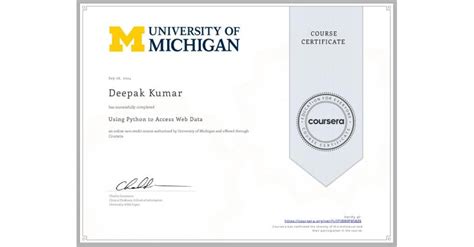 Completion Certificate For Using Python To Access Web Data Deepak Kumar