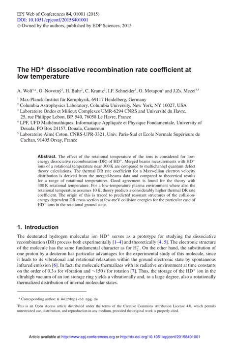 Pdf The Hd Dissociative Recombination Rate Coefficient At Low Temperature