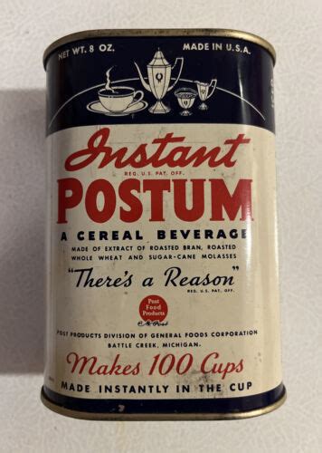 Vintage 1930s Instant Postum 100 Cup Cereal Beverage Tin Nos Full General Foods 4687033212