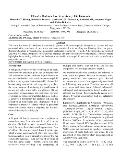 Pdf Elevated D Dimer Level In Acute Myeloid Leukemia