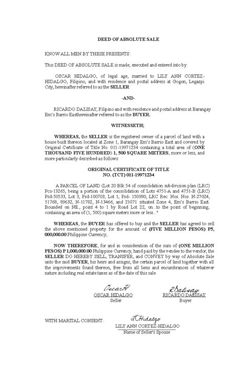 Requirements For Deed Of Sale Of Land Philippines Form Example Download