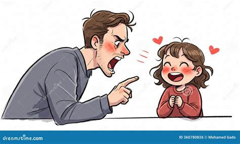 Angry Father Scolds Happy Daughter Illustration Cartoon Drawing Fun Man