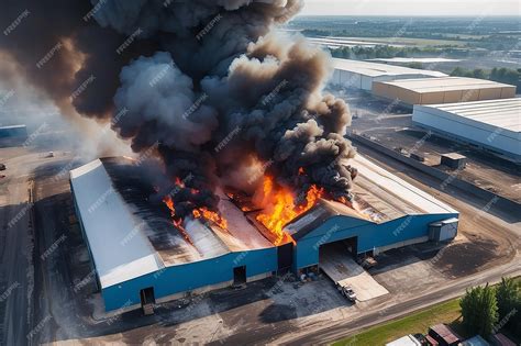 Humo pesado en el almacén de distribución industrial en llamas o en el ...